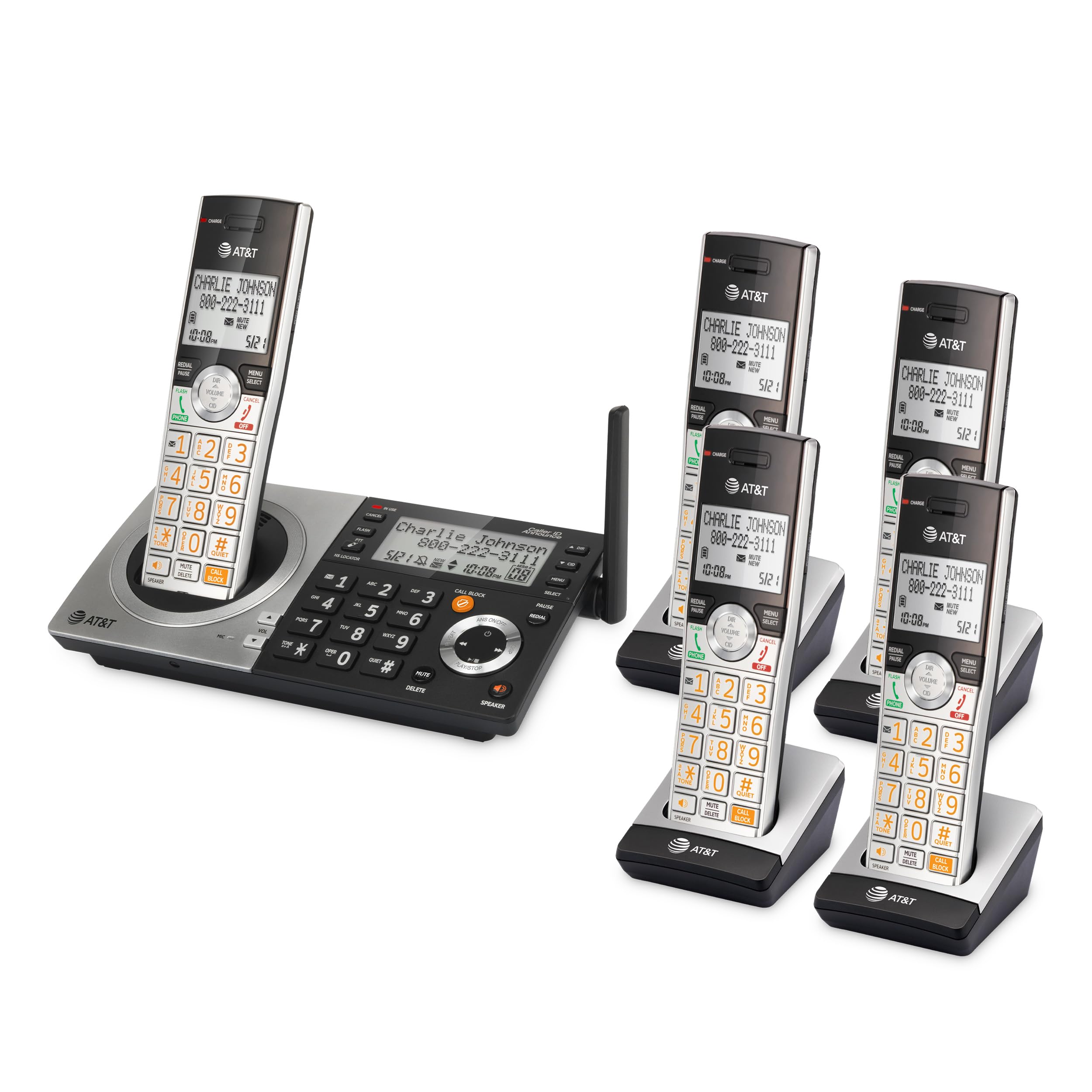 AT&T CL83507 DECT 6.0 5-Handset Cordless Phone for Home with Dual Keypad Base, Answering Machine, Call Blocking, Caller ID Announcer, Intercom and Long Range, Silver/Black
