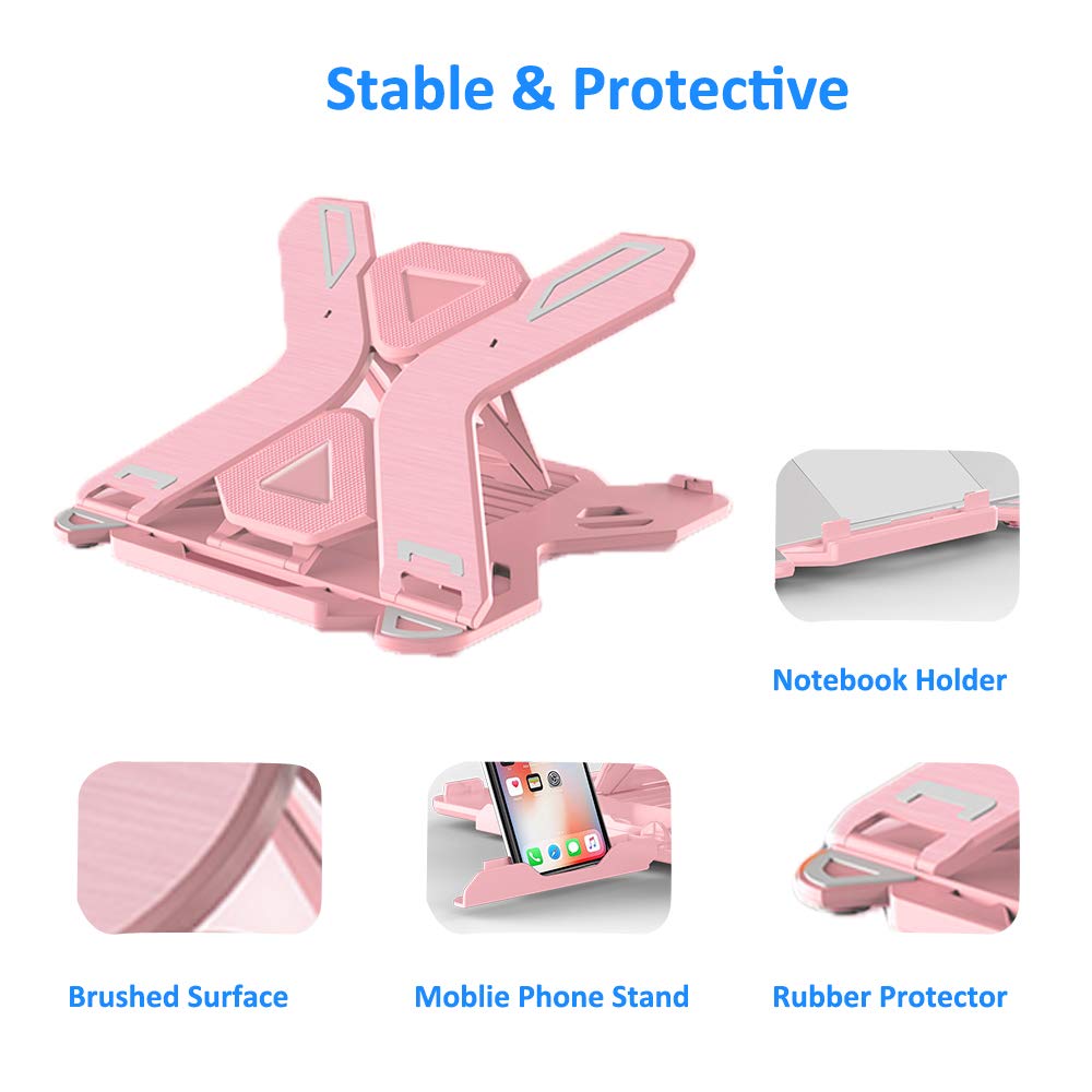 Viwind Laptop Stand for Desk,Ergonomic Adjustable Computer Stand Riser,Portable Notebook Holder Mount Tablet Elevator with Heat-Vent&Phone Stand for MacBook,Dell,Thinkpad,More 10-15.6" Laptop-Pink