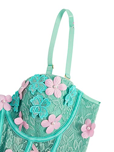WDIRARA Women's Floral Lace Embroidered Push Up Garter Lingerie Set with Stockings Green M