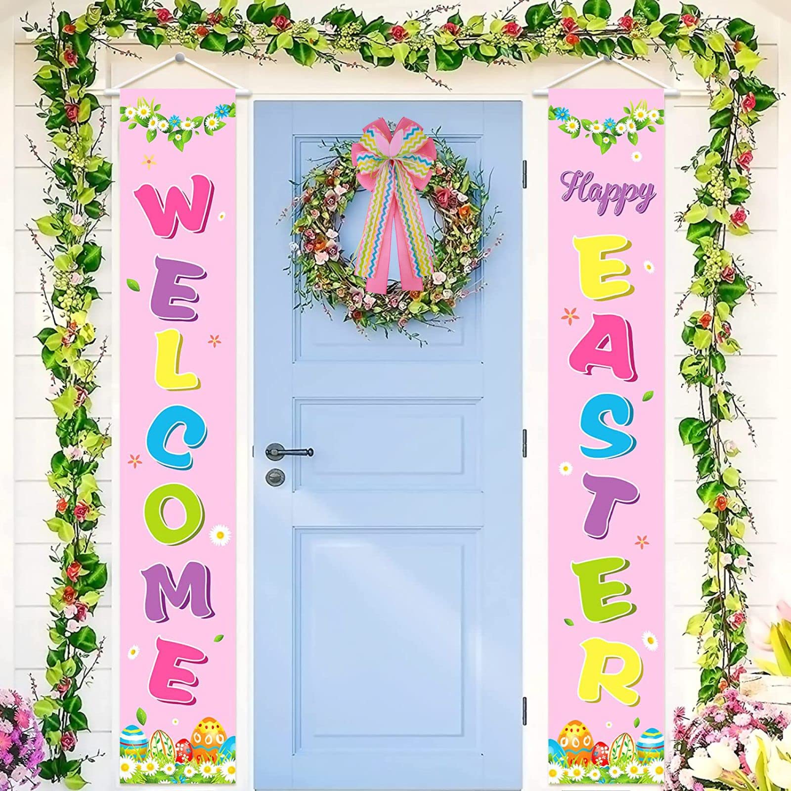 Meseey 2 Pcs Large Easter Burlap Bow 20 x 10 Inch Wreaths Spring Bunny Rabbit Bows for Gift Wrapping Tree Topper Front Door Party Home Decorations (Easter)