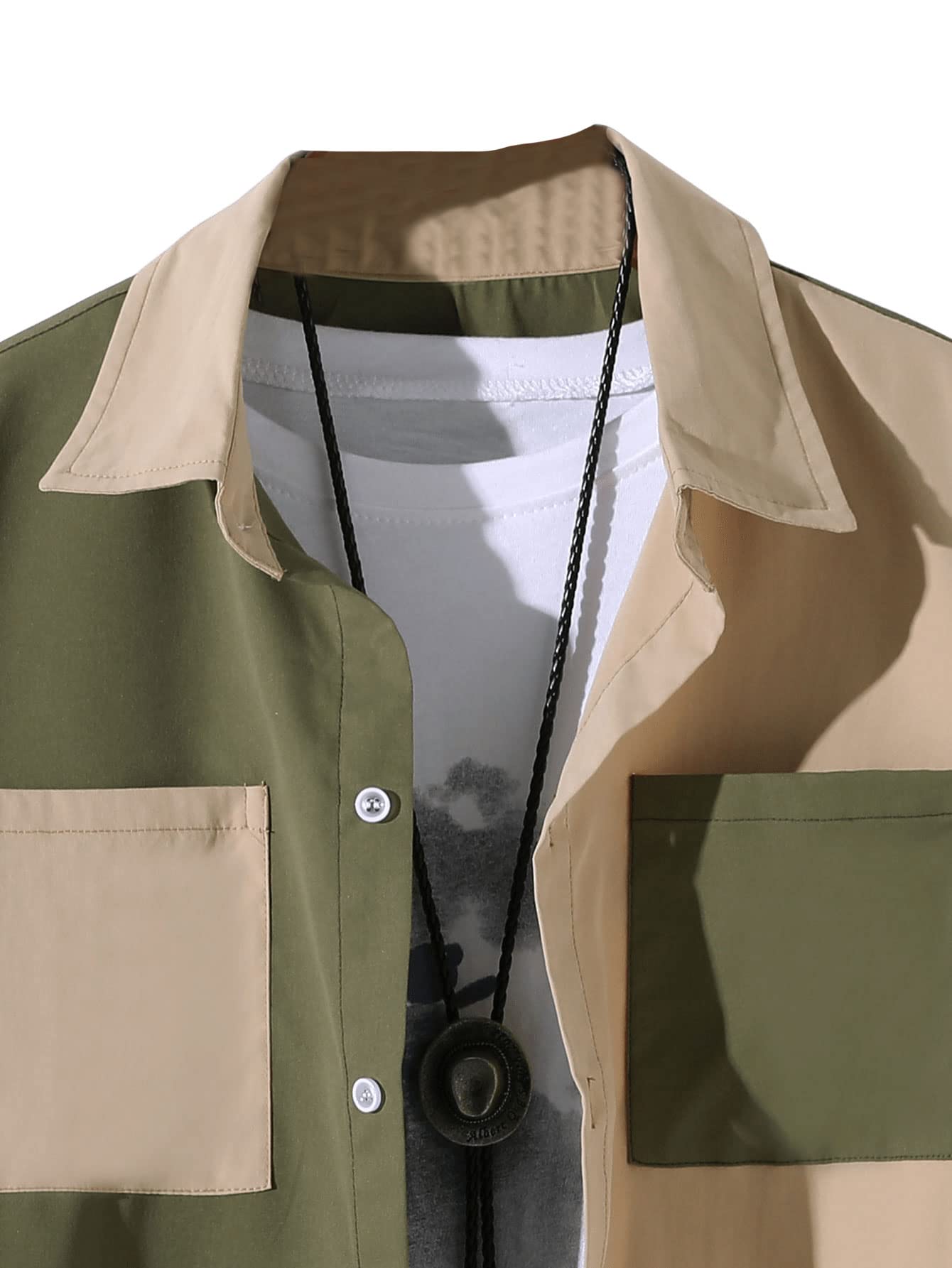 Floerns Men's Color Block Short Sleeve Collar Neck Button Down Shirt Top A Green Khaki M