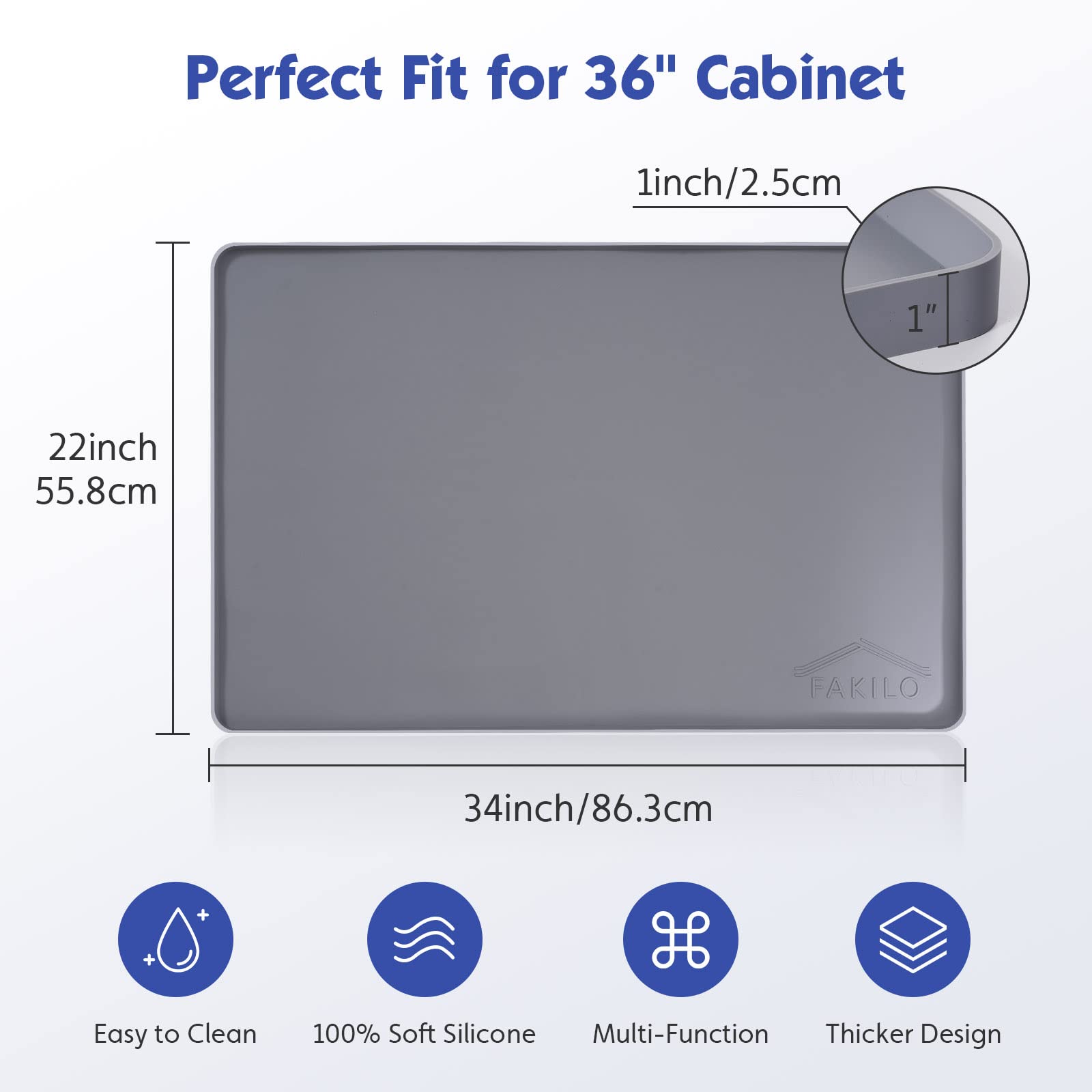 Under Sink Mat for Kitchen Waterproof, 34" x 22" Under The Sink Mat for 36'' Cabinet, FAKILO Upgraded 1 Inch Lip Flexible Thick Silicone Sink Mat Hold Up to 3.3 Gallons Liquid (Grey)