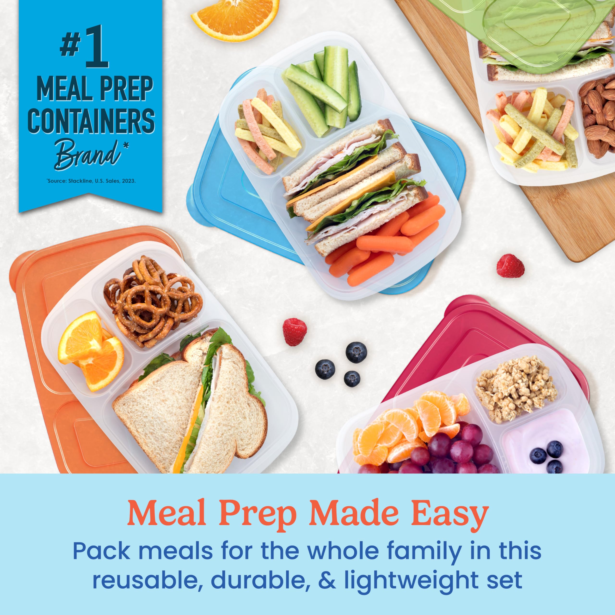 EasyLunchboxes® - Bento Lunch Boxes - Reusable 3-Compartment Food Containers for School, Work, and Travel, Set of 4, Classic