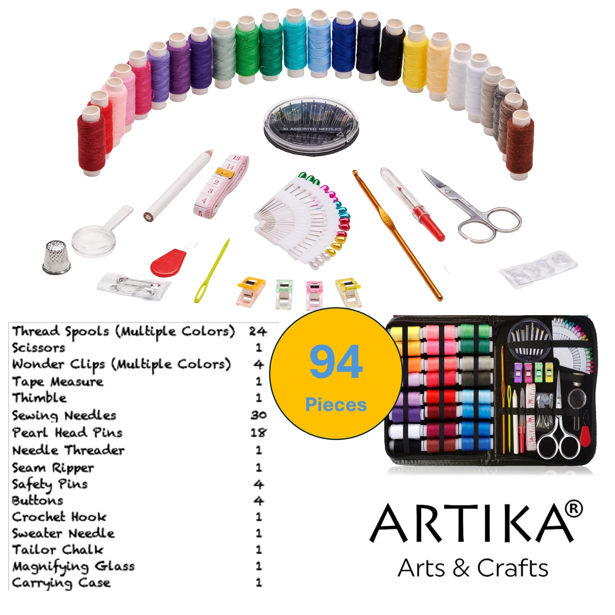 ARTIKA Sewing Kit for Adults and Kids - Small Beginner Set w/ Multicolor Thread, Needles, Scissors, Thimble & Clips - Emergency Repair and Travel Kits - Sewing Accessories and Supplies