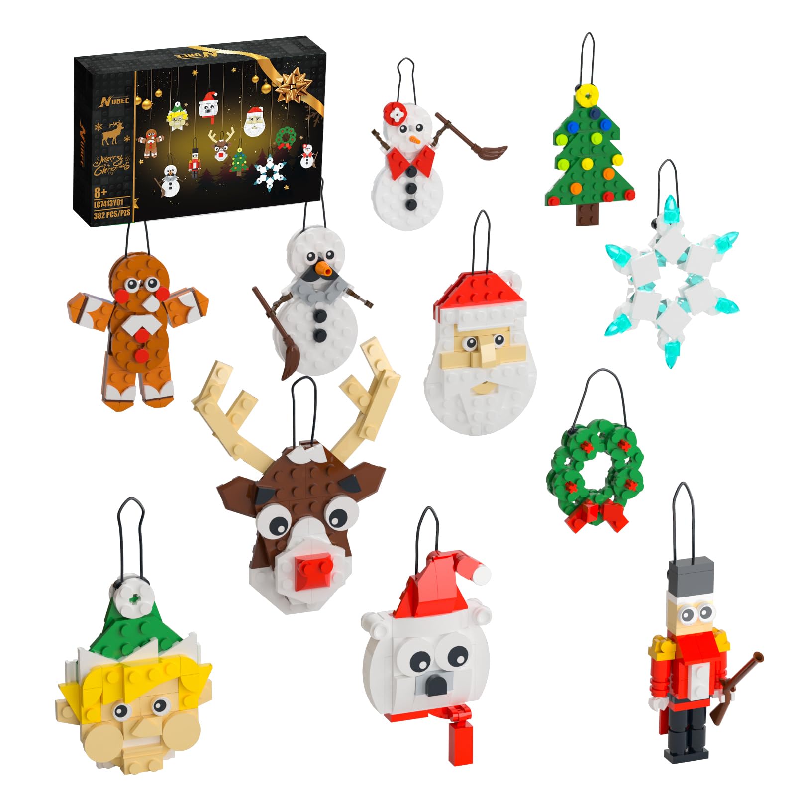 Christmas Ornaments Building Kit, Christmas Tree, Wreath, Santa, Snowman, Gingerbread, Reindeer, Nutcrackers, Snowflake 11-in-1. Stocking Stuffers Decor Toys Gifts for Boys Girls Kids.
