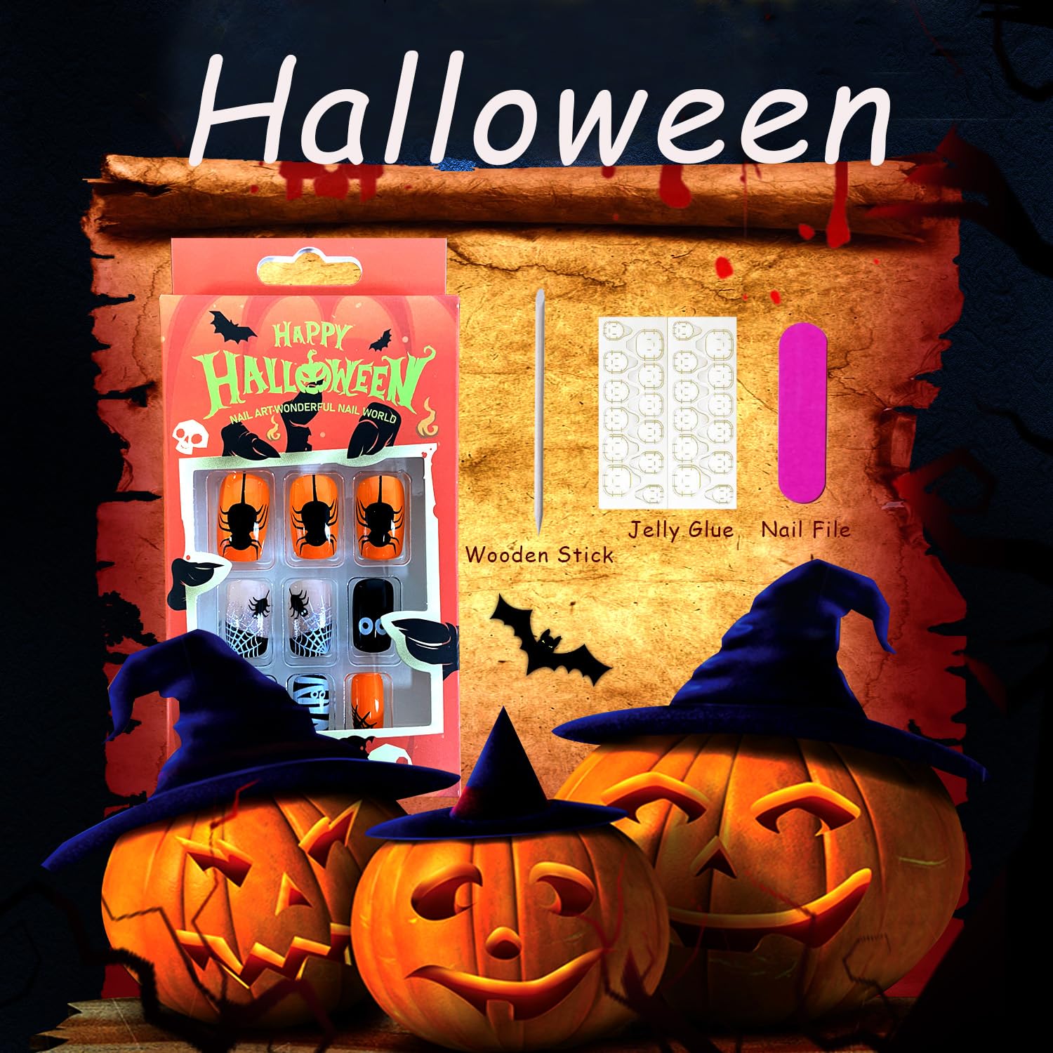 Halloween Press on Nails Glossy Medium Square Fake Nails Black White Spider Web Cartoon Eyeball False Nails Day of the Dead Full Cover Acrylic Artificial Nails Reusable Stick on Nails Glue on Nails