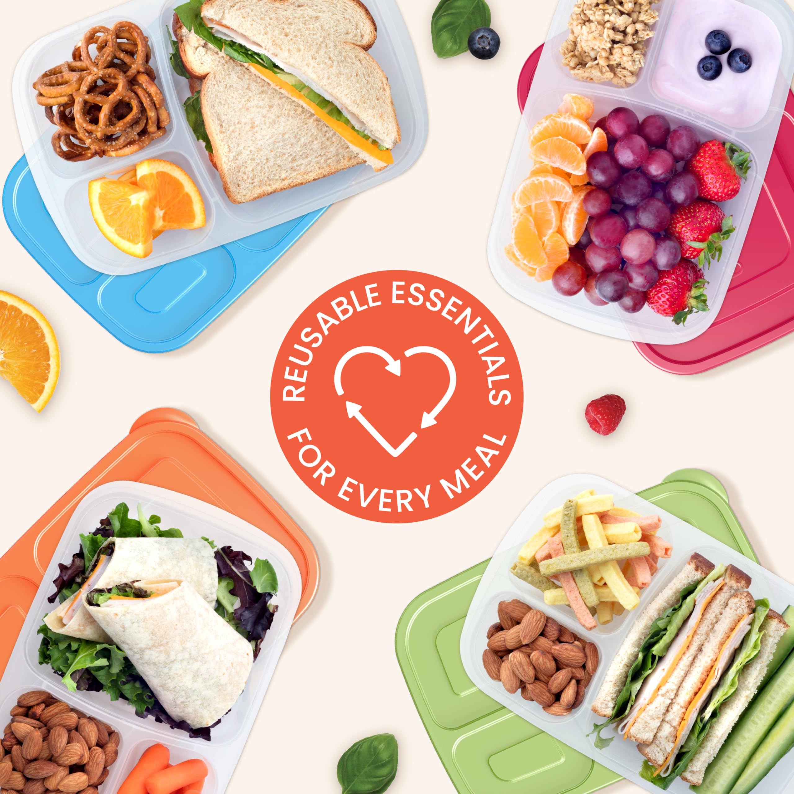 EasyLunchboxes® - Bento Lunch Boxes - Reusable 3-Compartment Food Containers for School, Work, and Travel, Set of 4, Classic