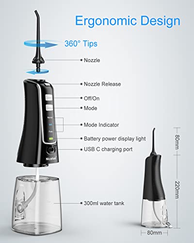 Nicefeel Cordless and Rechargeable Water Flosser - 300ML Water Tank Oral Irrigator, 4 Jet Tips, 3 Pressure Modes - IPX7 Waterproof and Travel Friendly for Dental Care