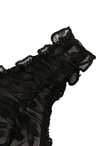 WDIRARA Women's Sexy Polka Dot Mesh Frill Spaghetti Strap Lingerie Set Black M