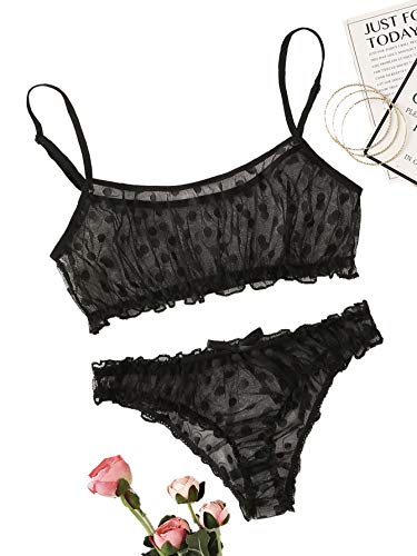 WDIRARA Women's Sexy Polka Dot Mesh Frill Spaghetti Strap Lingerie Set Black M