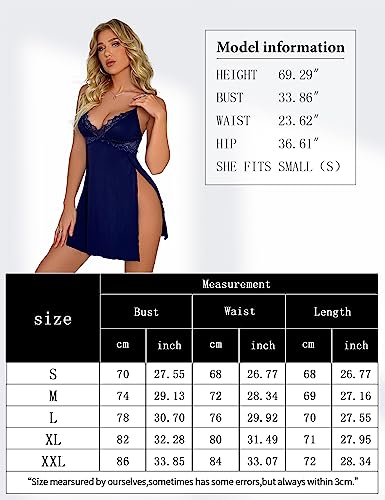 Queenfox Women's Nightgown Babydoll Lingerie Lace Chemise Side Slit Sexy Sleepwear LN Navy