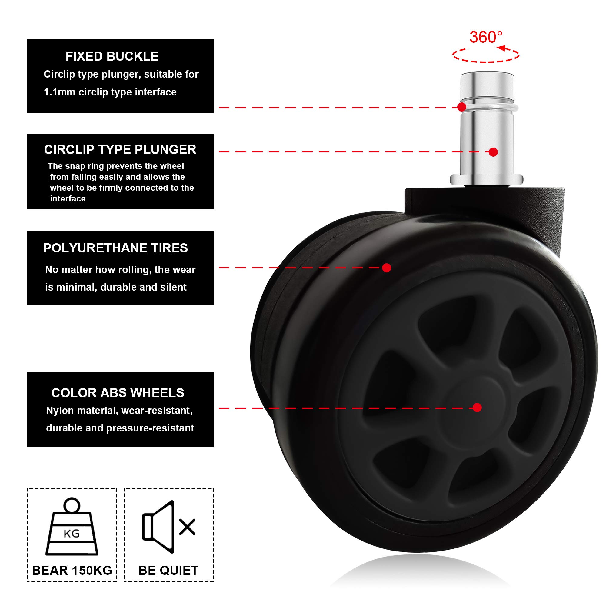 TIANSHU Office Chair Wheels,Universal Gaming Chair Casters Heavy Duty Office Chair Replacement Parts Rubber Desk Chair Caster Wheels for Wood & Hardwood Floors Set of 5, Black