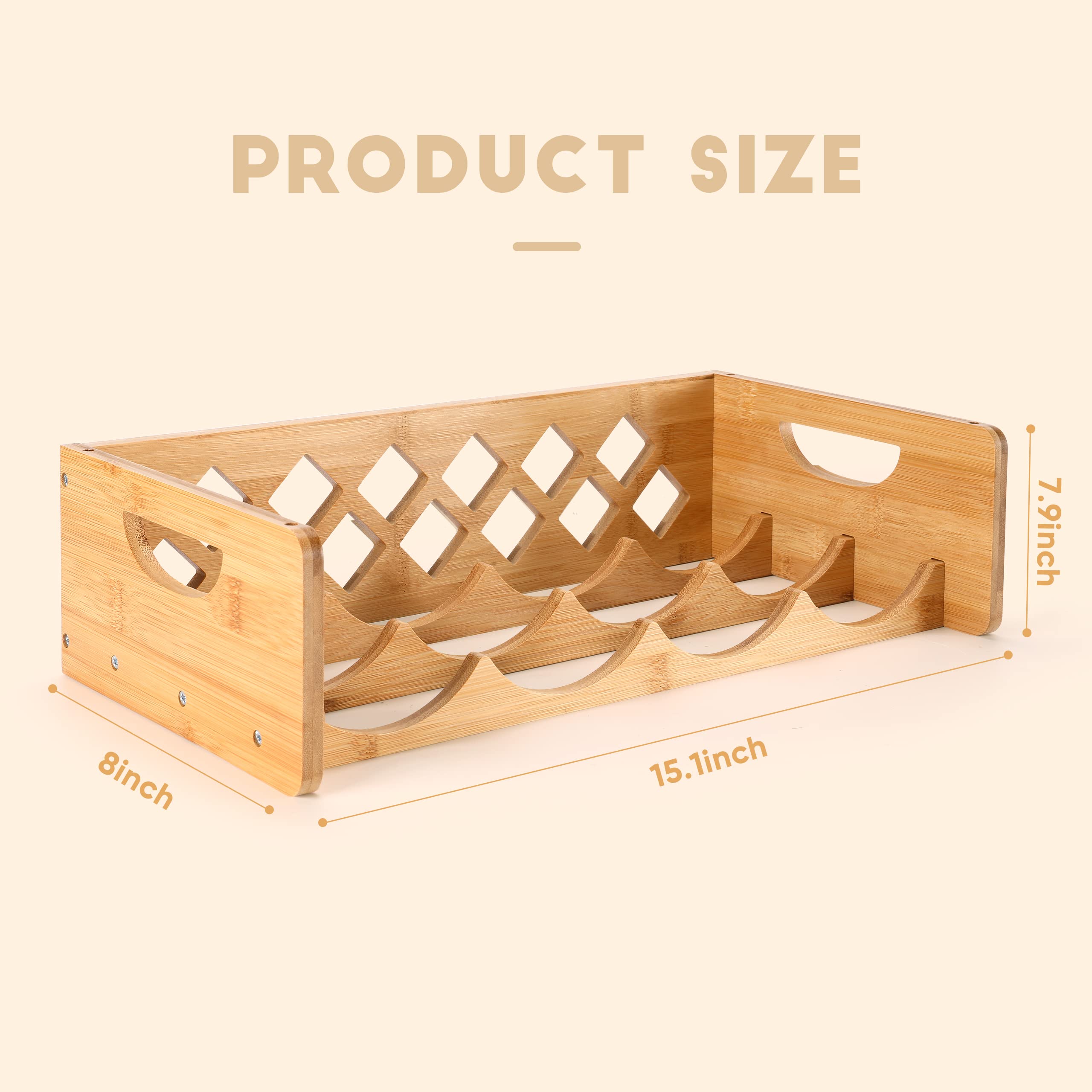vinlley Bamboo Water Bottle Organizer, Free-Standing Stackable 4 Bottle Storage Holder Rack - Water, Wine, and Drink Organizer Shelf for Kitchen Countertop, Cabinet, Pantry, Fridge, Freezer - 2 Pack