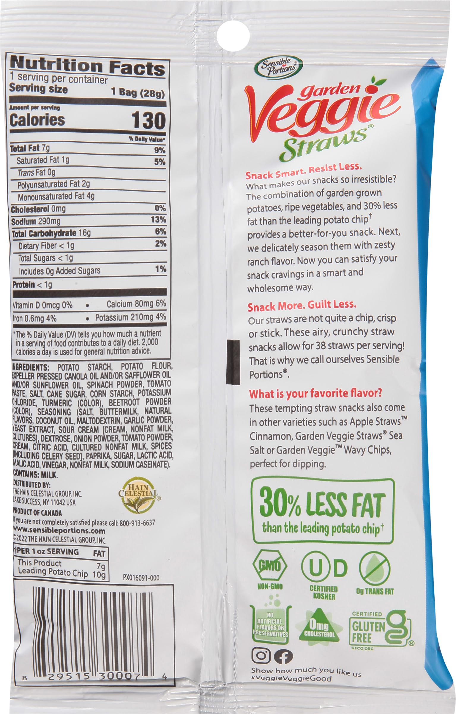 Sensible Portions Garden Veggie Snacks - Veggie Straws, Snack Size, Zesty Ranch, 1 Oz (Pack of 24)