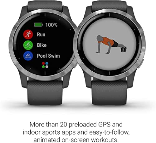 Garmin 010-02174-01 Vivoactive 4, GPS Smartwatch, Features Music, Body Energy Monitoring, Animated Workouts and More, Silver with Gray Band (Refurbished)