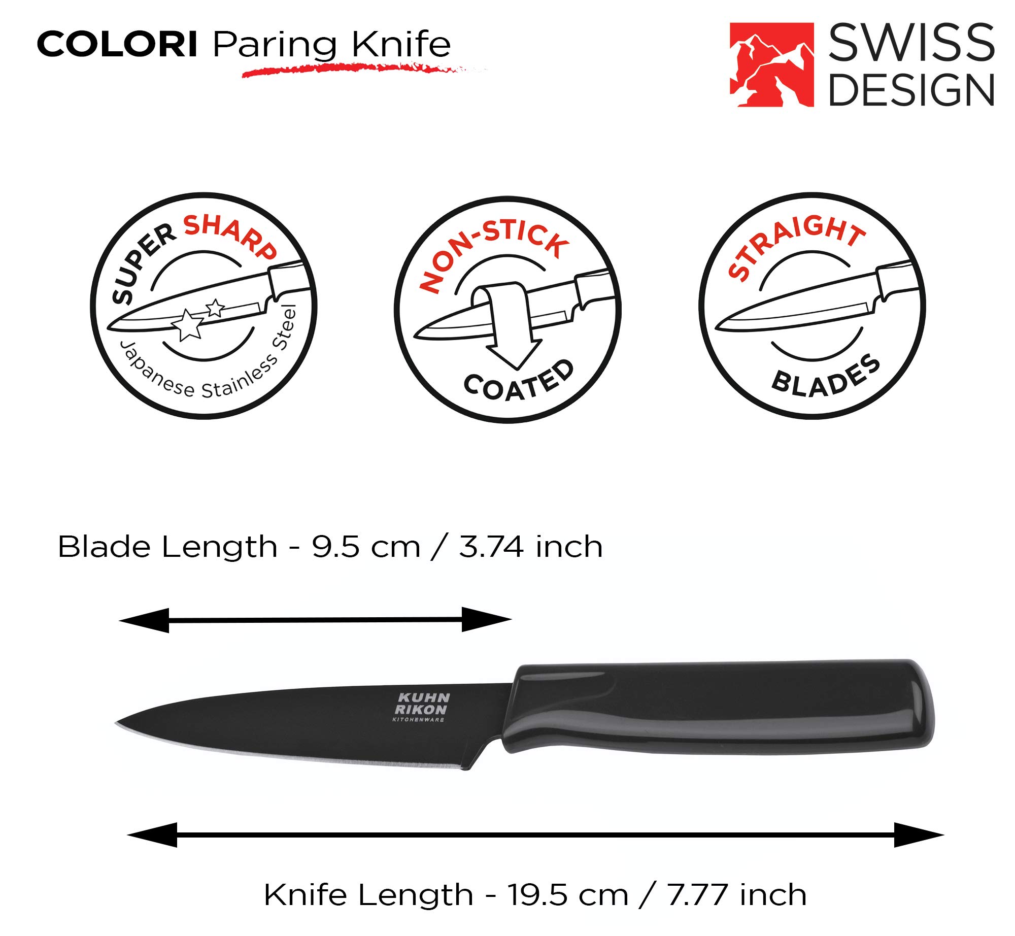 Kuhn Rikon Straight Paring Knife with Safety Sheath, 4 inch/10.16 cm Blade, Black