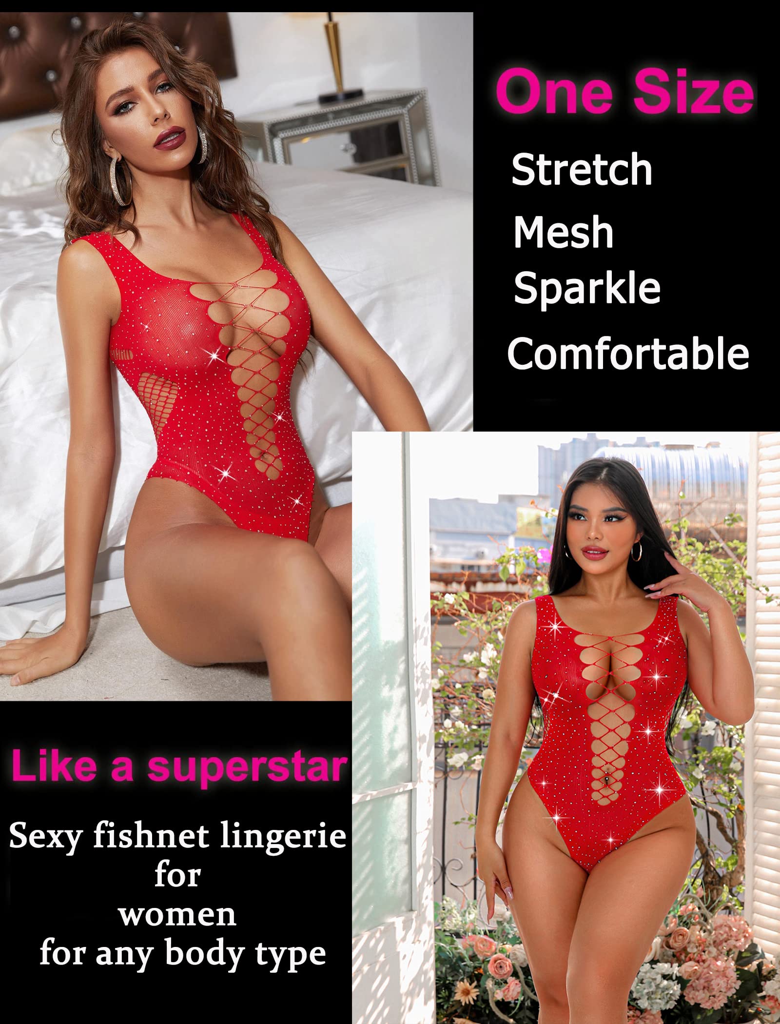 Avidlove Red Fishnet Bodysuit Rhinestone Body Suits Woman Mesh Lingerie Sexy Fishnets Lingerie Sparkle Bodysuit Teddy Lingerie