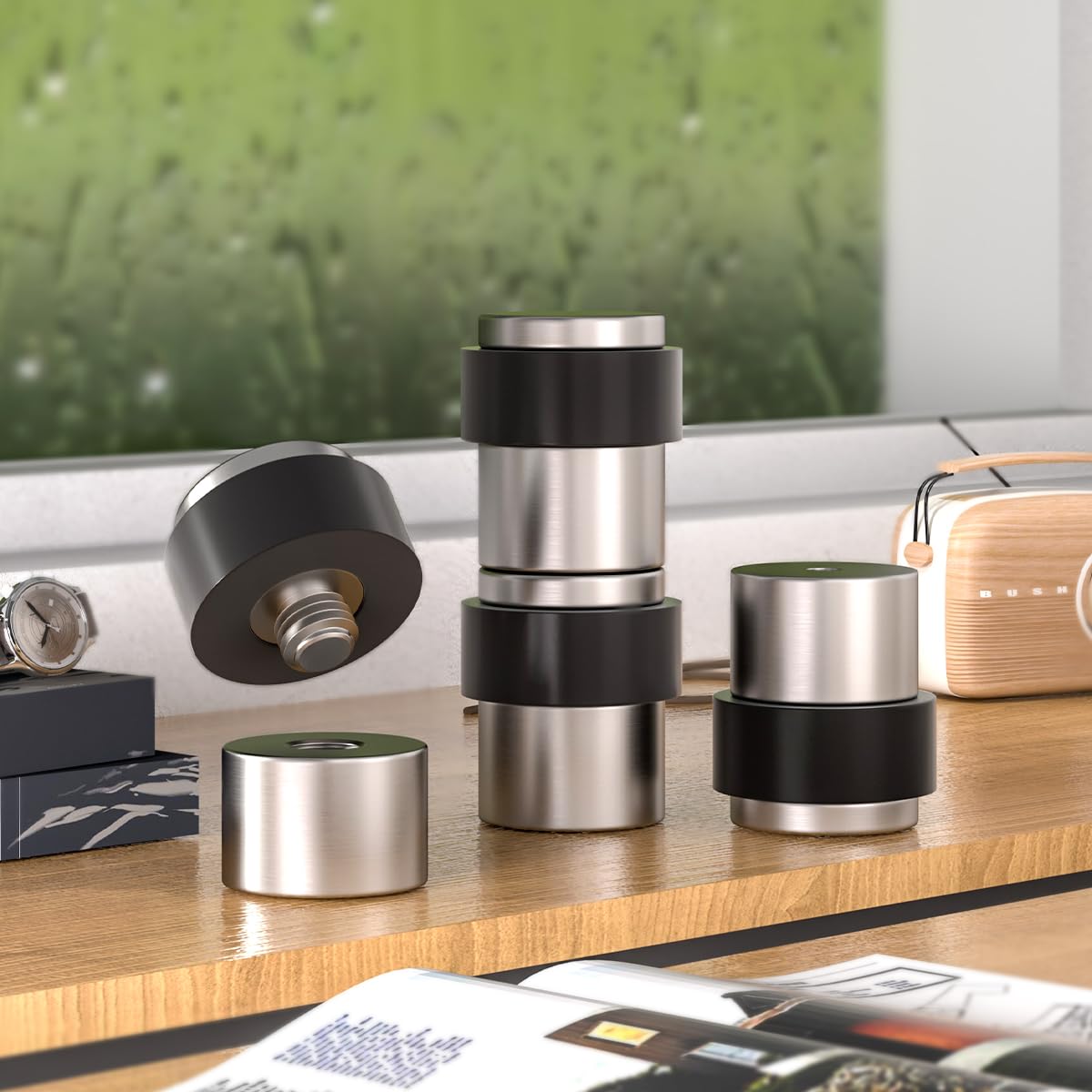 SANATO Nickel Cylindrical Floor Mounted Stainless Steel 304 Door Stop Door Stopper with Black Rubber, 4 Pack