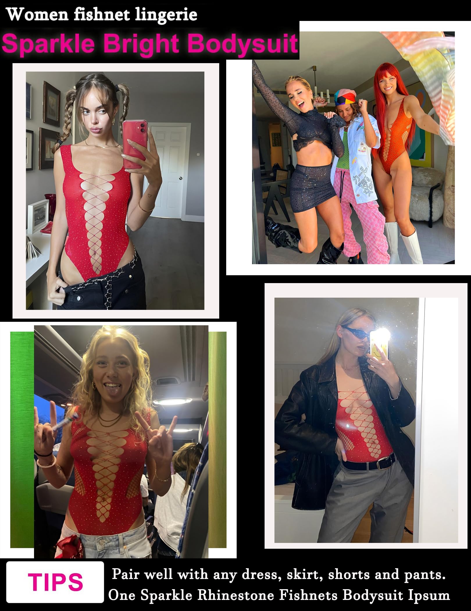 Avidlove Red Fishnet Bodysuit Rhinestone Body Suits Woman Mesh Lingerie Sexy Fishnets Lingerie Sparkle Bodysuit Teddy Lingerie