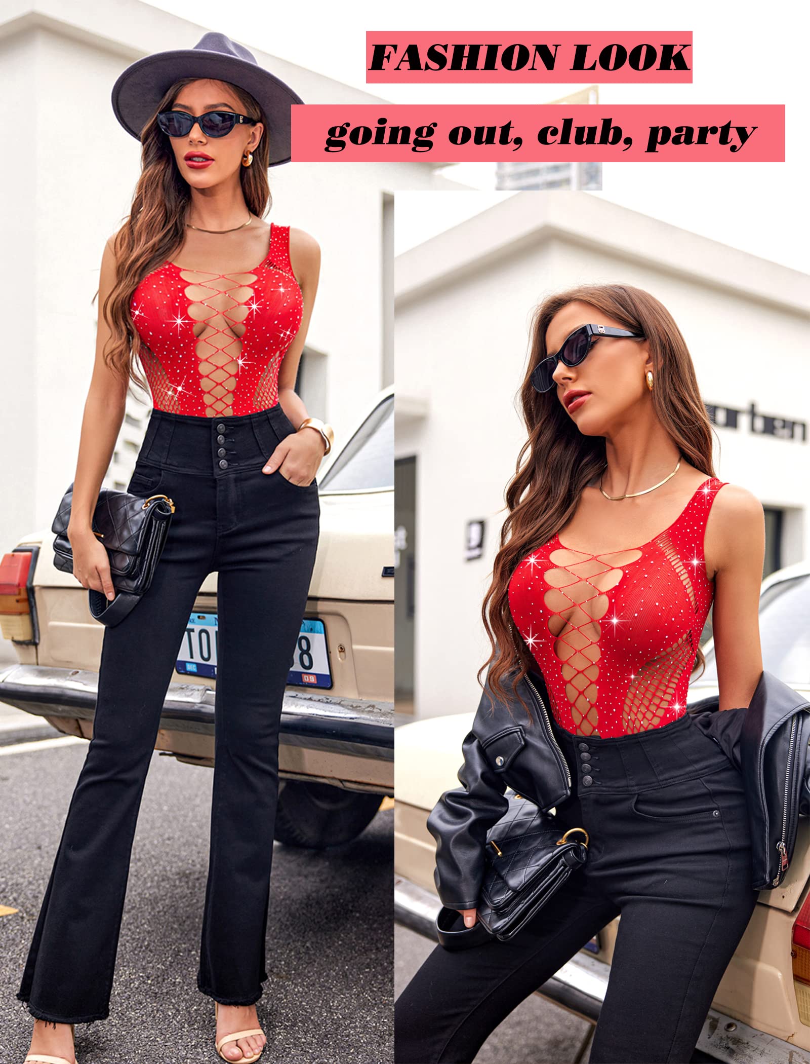 Avidlove Red Fishnet Bodysuit Rhinestone Body Suits Woman Mesh Lingerie Sexy Fishnets Lingerie Sparkle Bodysuit Teddy Lingerie