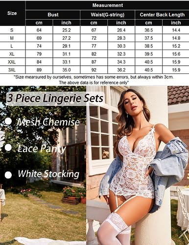 Avidlove Teddy Lingerie for Women with Garter Belt Naughty Strappy Lingerie Lace Exotic Bodysuit with Stocking White S