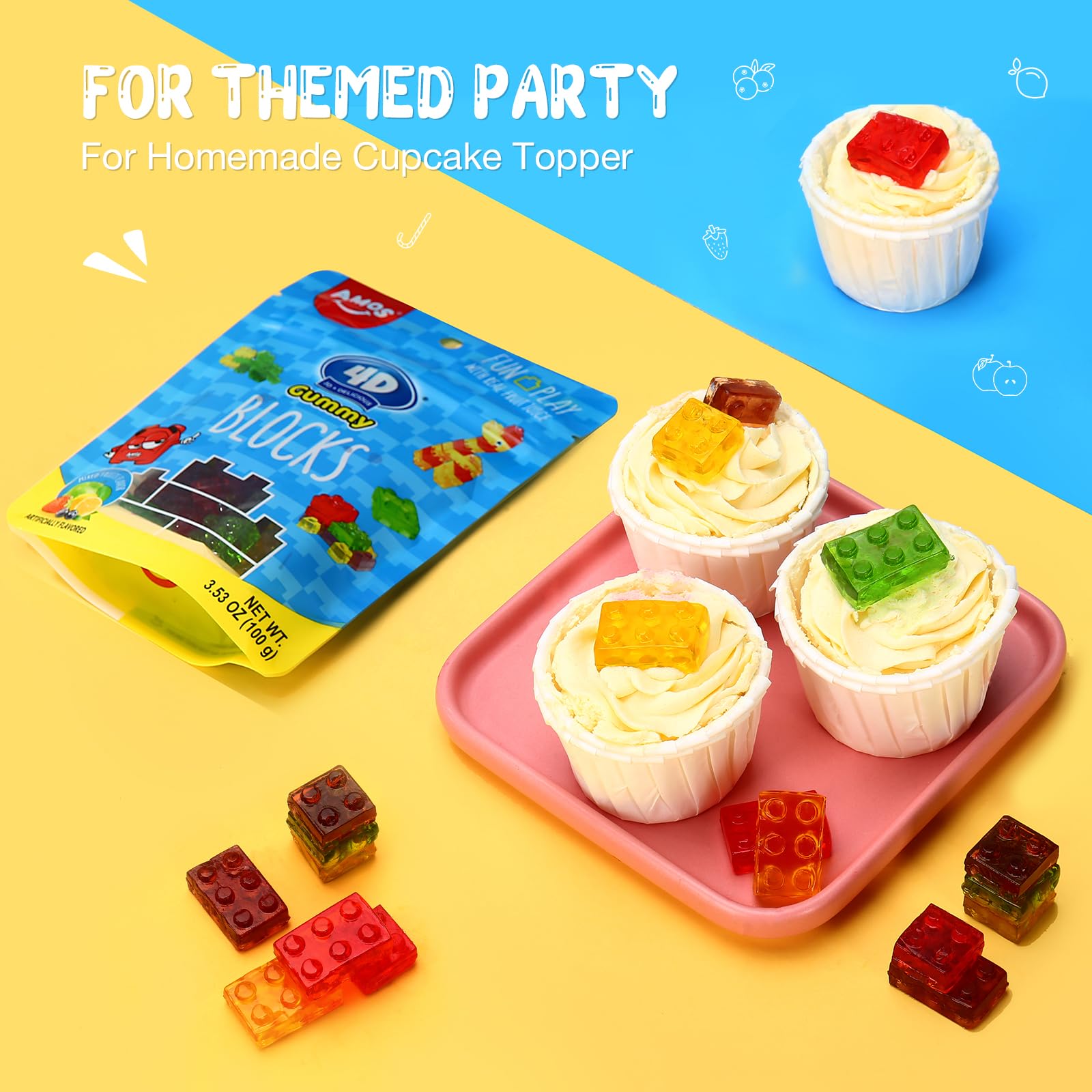 AMOS 4D Gummy Blocks Candy Bricks, Edible Building Block Gummies for Kid's Lego Theme Party, Funny Cupcake Topper Decoration, Resealable 3.53oz Bag (Pack of 3)