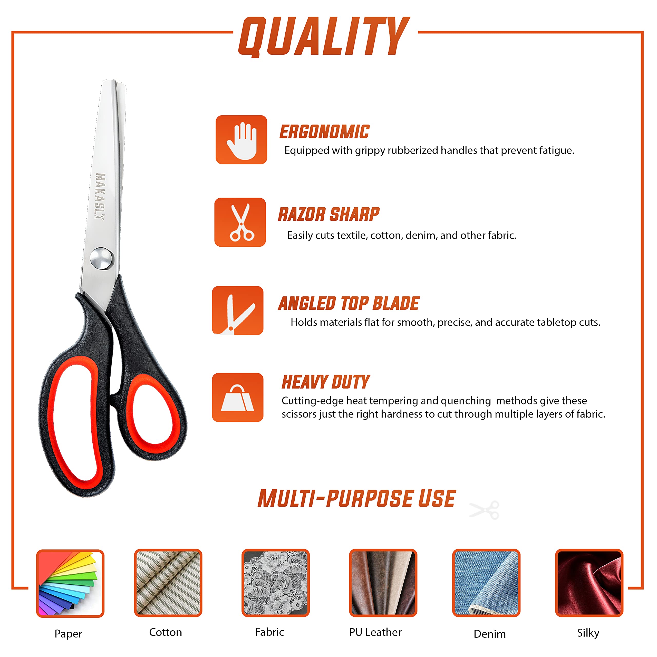Makasla Pinking Shears Scissors for Fabric, Craft Scissors Decorative Edge, Zig Zag Scissors with Serrated Cutting Edge, Professional Sewing Pinking Shear for Fabric/Leather/Paper Craft (Red)