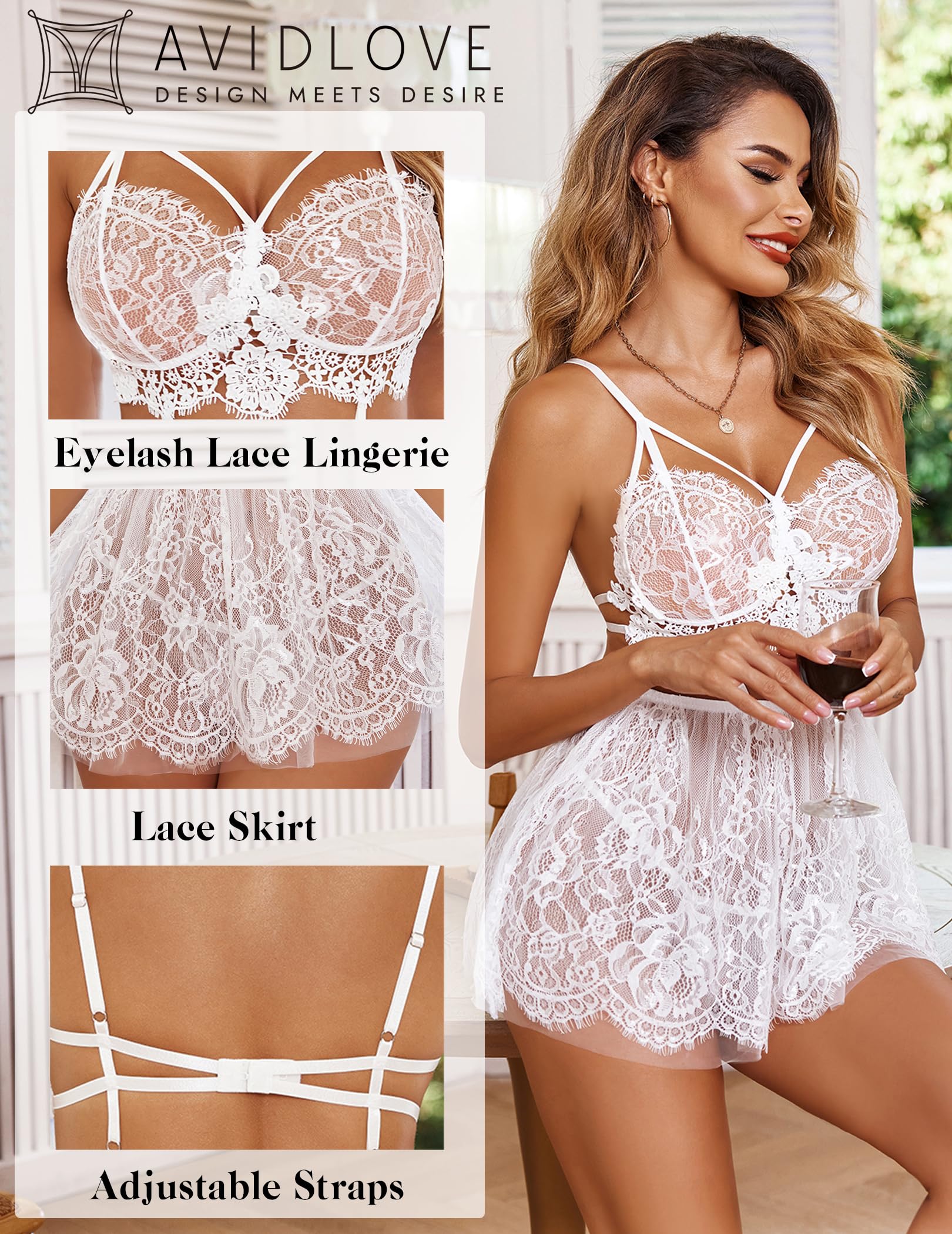 Avidlove Lingerie for Women Lace Exotic Negligee Bridal Nightdress White X-Large