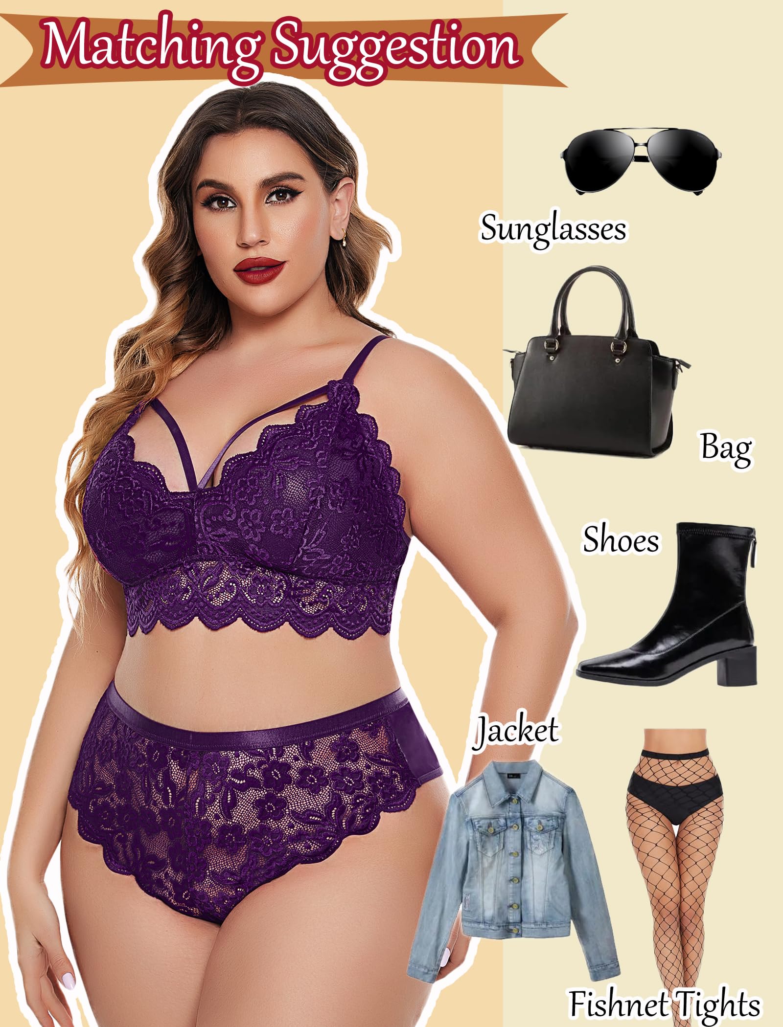 Avidlove Plus Size Lingerie for Women Bra High Waist Panties Set Garter Lingerie Set Purple