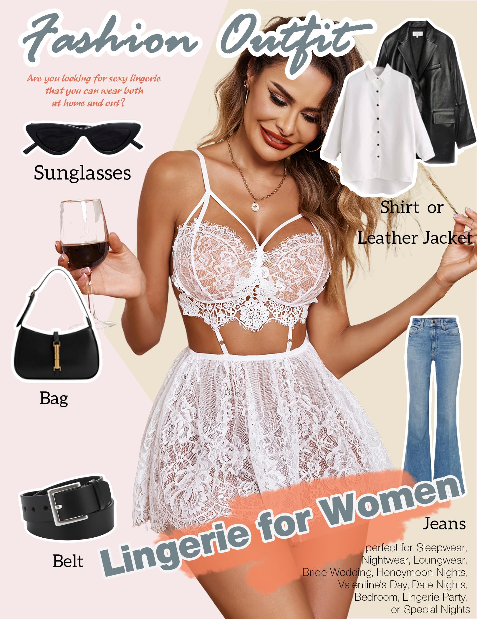 Avidlove Lingerie for Women Lace Exotic Negligee Bridal Nightdress White X-Large