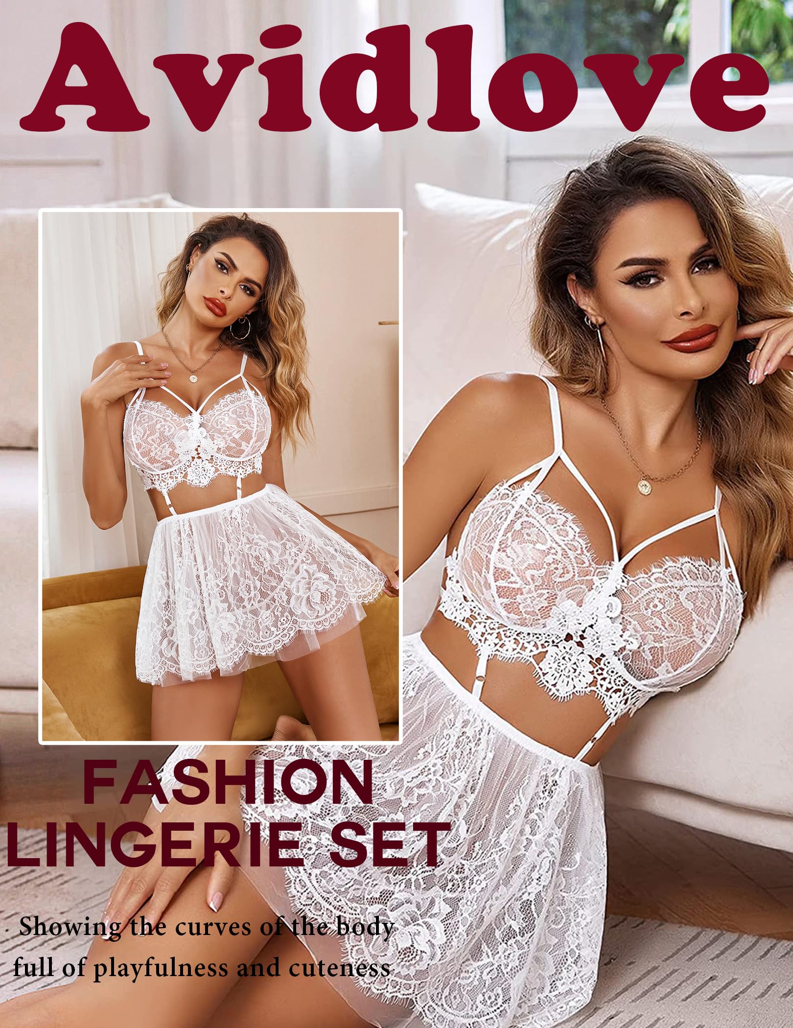 Avidlove Lingerie for Women Lace Exotic Negligee Bridal Nightdress White X-Large