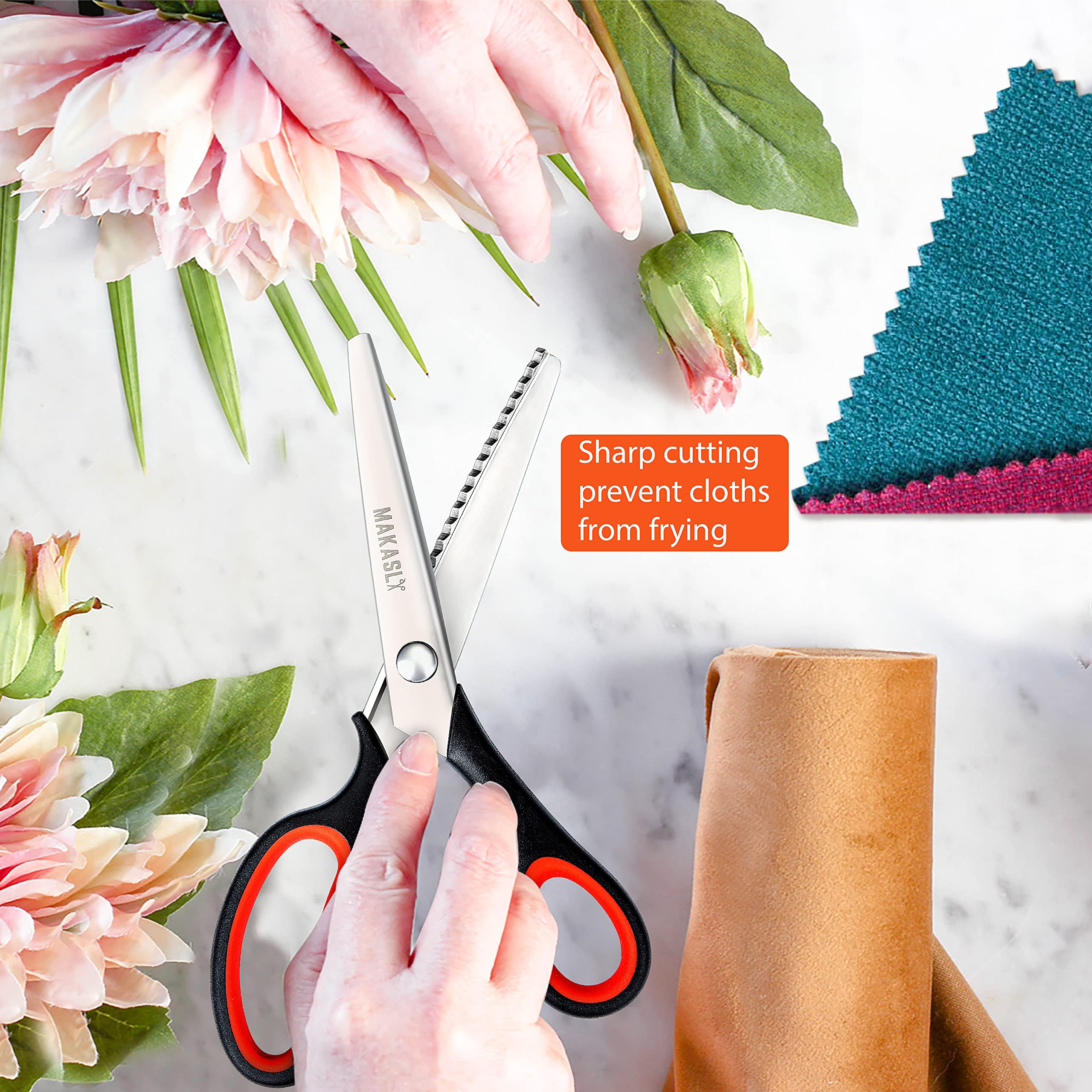 Makasla Pinking Shears Scissors for Fabric, Craft Scissors Decorative Edge, Zig Zag Scissors with Serrated Cutting Edge, Professional Sewing Pinking Shear for Fabric/Leather/Paper Craft (Red)