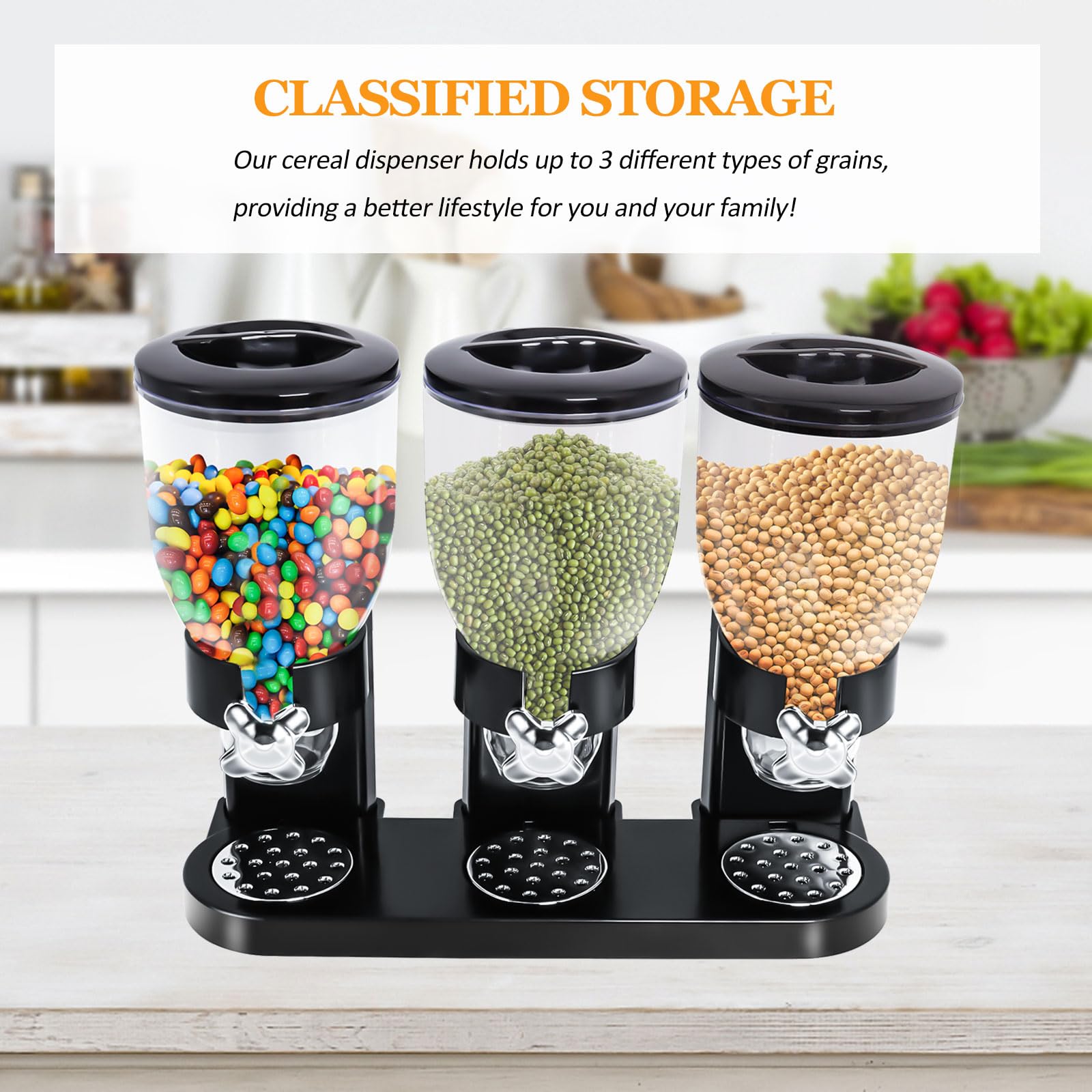Hedday Triple Canister Cereal Dispenser, Plastic Dry Food Cereal Dispenser Container Machine Storage Bottles for Home and Kitchen(Black)