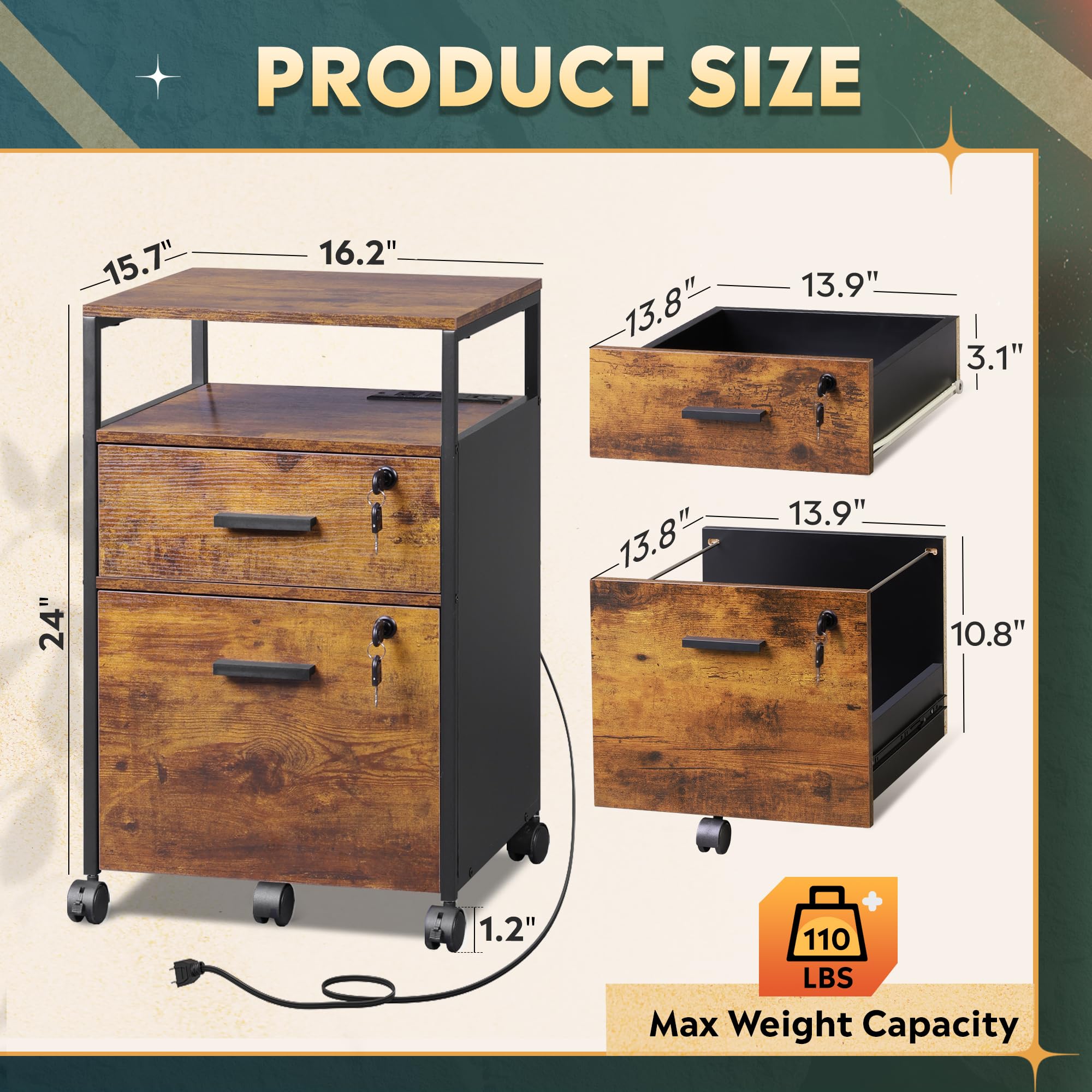 DEVAISE 2 Drawer File Cabinet, Mobile Printer Stand with Open Storage Shelf, Wood Filing Cabinet fits A4 or Letter Size for Home Office, Rustic Brown