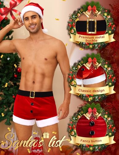 RSLOVE Men's Christmas Lingerie Set Sexy Santa Outfits 2PCS Red Boxers Holiday Briefs Underwear With Hat S