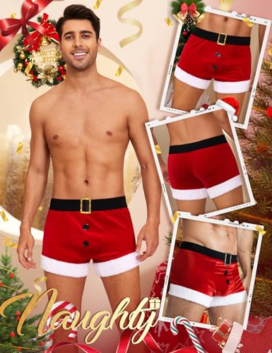RSLOVE Men's Christmas Lingerie Set Sexy Santa Outfits 2PCS Red Boxers Holiday Briefs Underwear With Hat S