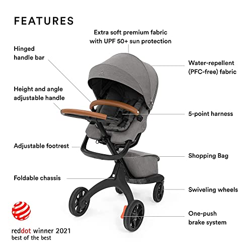 Stokke Xplory X, Modern Grey - Luxury Stroller - Adjustable for Both Baby & Parentsâ Comfort - Padding, Harness & Reflective Zipper for Added Safety - Folds in One Step