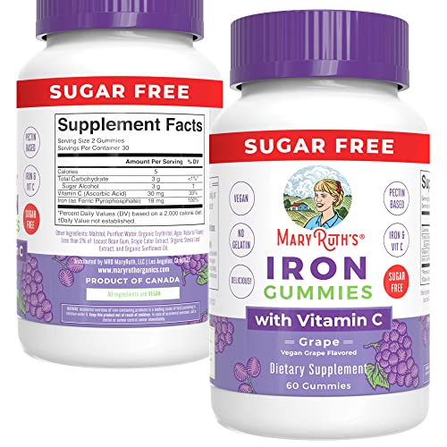 MaryRuth's Iron + Vitamin C Gummies for Adults | Sugar Free | Gummy Iron Supplements + VIT C for Ages 14+ | Iron Supplement for Iron Deficiency | Immune Support | Vegan | Non-GMO | 60 Count