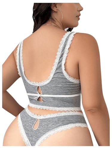 WDIRARA Women's Plus Size Lace Trim Ruched Underwire Lingerie Set Bralette and Panty Set Grey 3XL