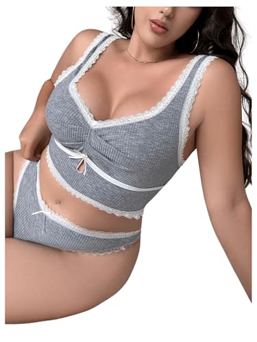 WDIRARA Women's Plus Size Lace Trim Ruched Underwire Lingerie Set Bralette and Panty Set Grey 3XL