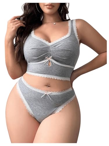 WDIRARA Women's Plus Size Lace Trim Ruched Underwire Lingerie Set Bralette and Panty Set Grey 3XL