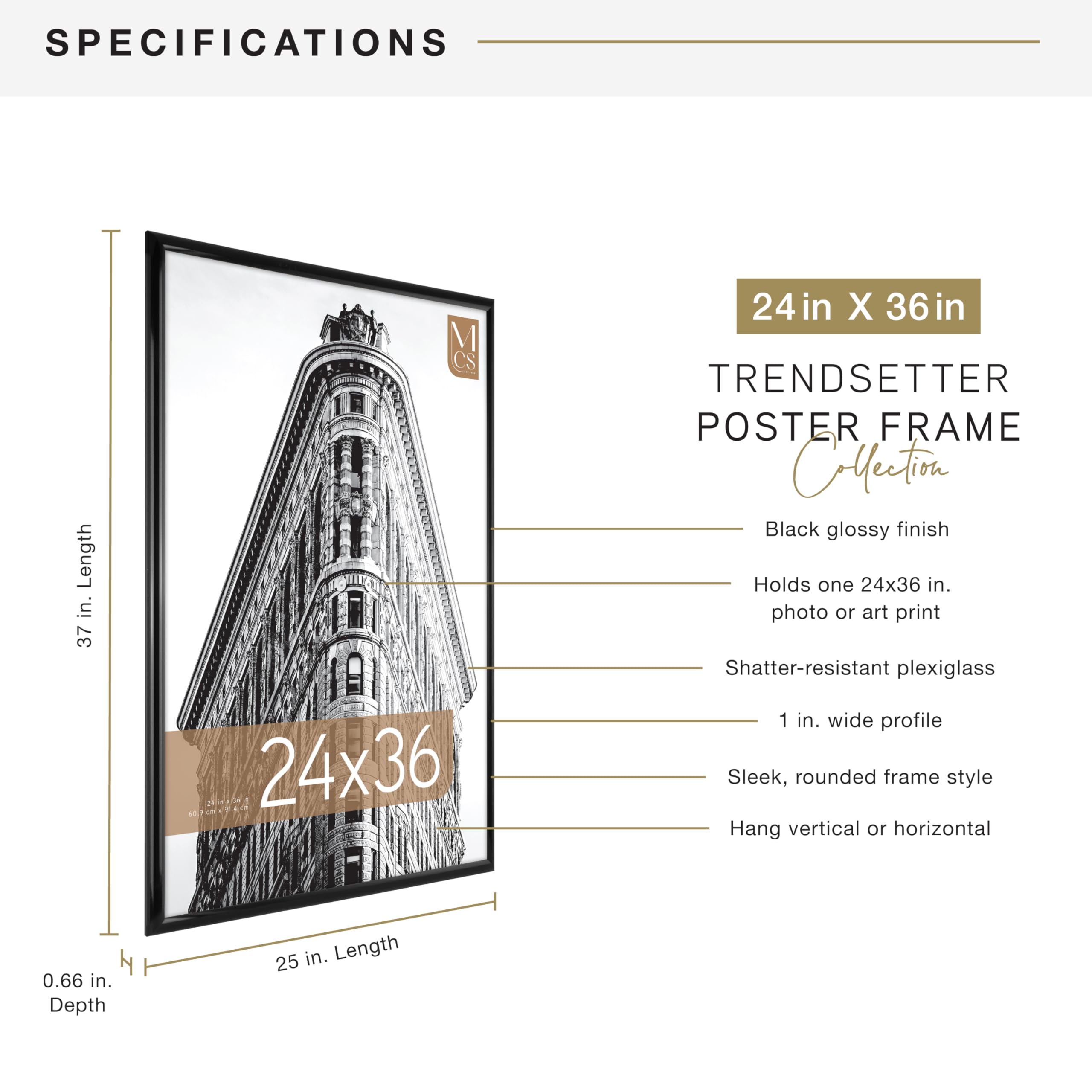 MCS Trendsetter Poster Frame, Black, 24 x 36 in, Single
