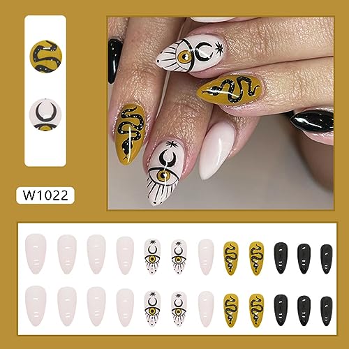 KASOICRA Almond Press-on False Nails, 24 Pcs, Nude, Glossy, Modern Snake and Moon Design, Full Cover, Gel Material, Animal Print Pattern, 1 Set, 1 Pack