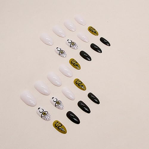 KASOICRA Almond Press-on False Nails, 24 Pcs, Nude, Glossy, Modern Snake and Moon Design, Full Cover, Gel Material, Animal Print Pattern, 1 Set, 1 Pack