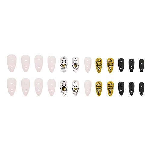 KASOICRA Almond Press-on False Nails, 24 Pcs, Nude, Glossy, Modern Snake and Moon Design, Full Cover, Gel Material, Animal Print Pattern, 1 Set, 1 Pack
