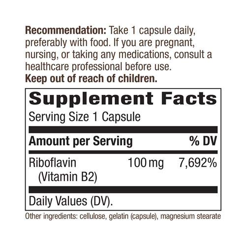 Nature's Way Vitamin B2, 100 mg Riboflavin, 100 Capsules, Pack of 2