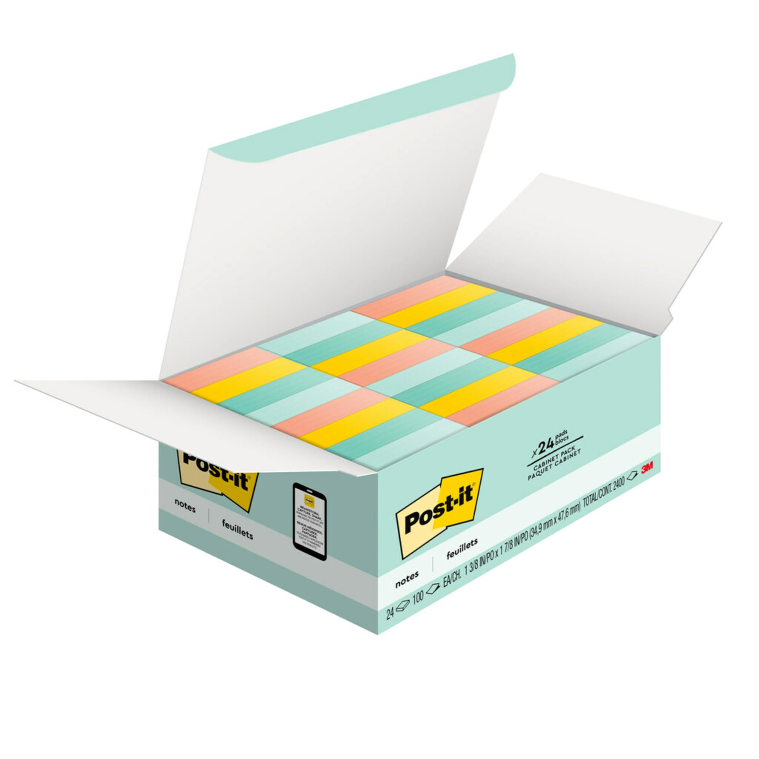 Post-it Notes, 1.5x2 in, 24 Pads, America's #1 Favorite Sticky Notes, Beachside Café Collection, Pastel Colors, Clean Removal, Recyclable (654-14AU)