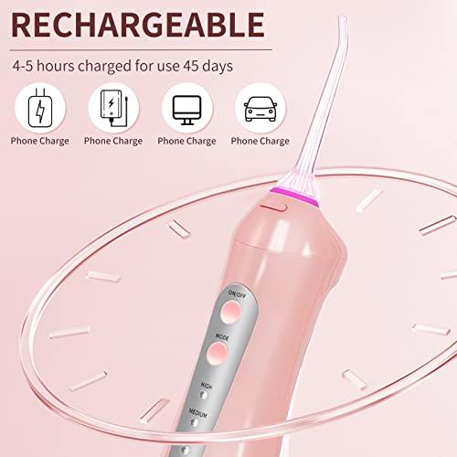 Water Flosser for Teeth, 200ML Cordless Water Flosser with 360°Rotable Nozzle, 3 Flossing Modes IPX7 Waterproof 6 Jet Tips Water Picks,Rechargeable Portable Water Flosser for Home & Travel (Pink)