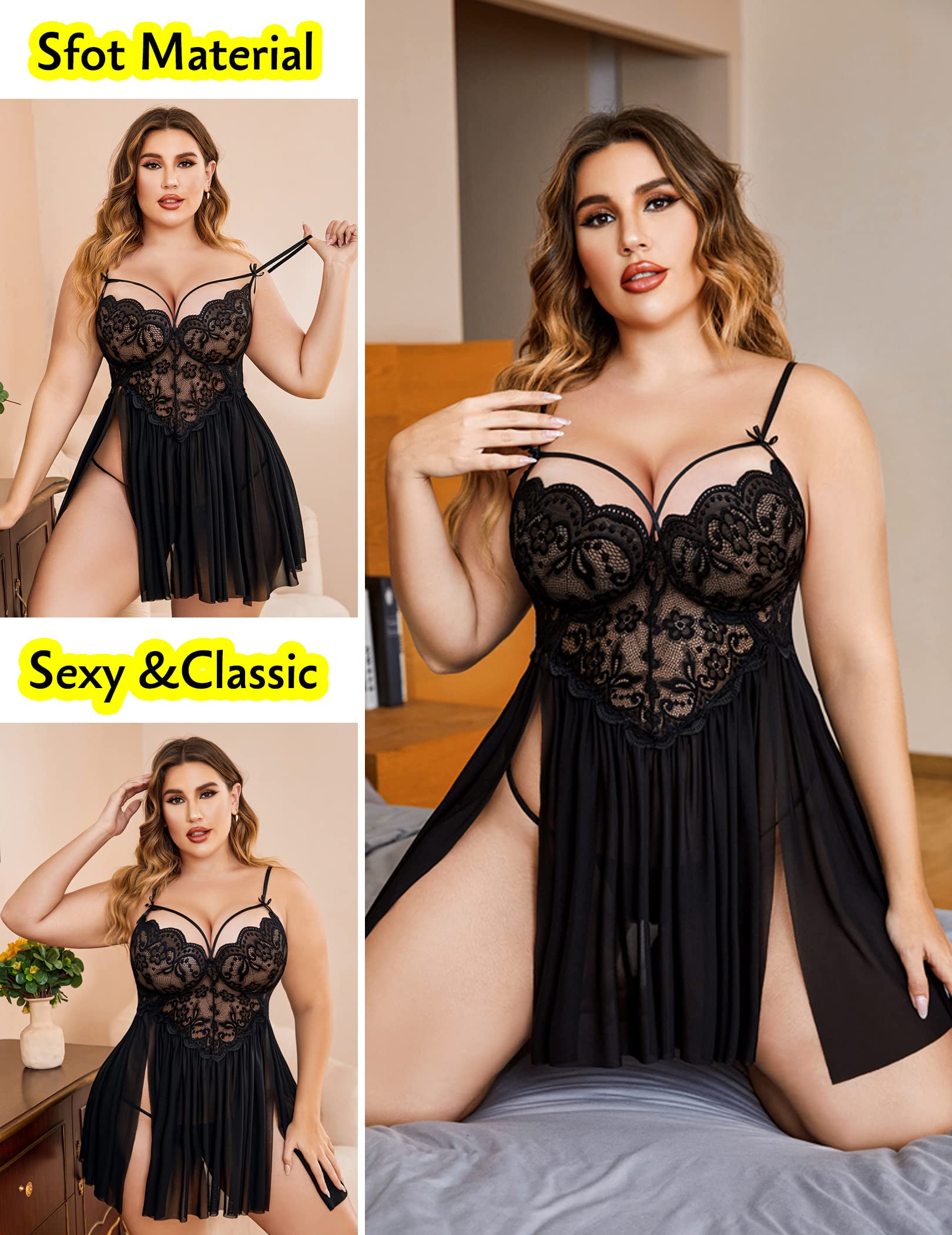 Avidlove Womens Plus Size Lingerie Lace Babydoll Strap Chemise Nightwear V Neck Sleepwear Side Slit Nighties Black