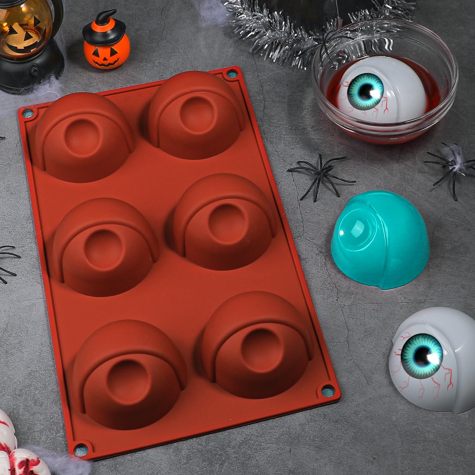 Webake Eyeball Jello Mold Silicone Halloween Jello Mold Shaped with Scary Eyes for Cake, Jelly, Hot Cocoa Bomb, Soap, 6-Cavity Semicircle Ball Mold for Halloween Trick or Treat Party